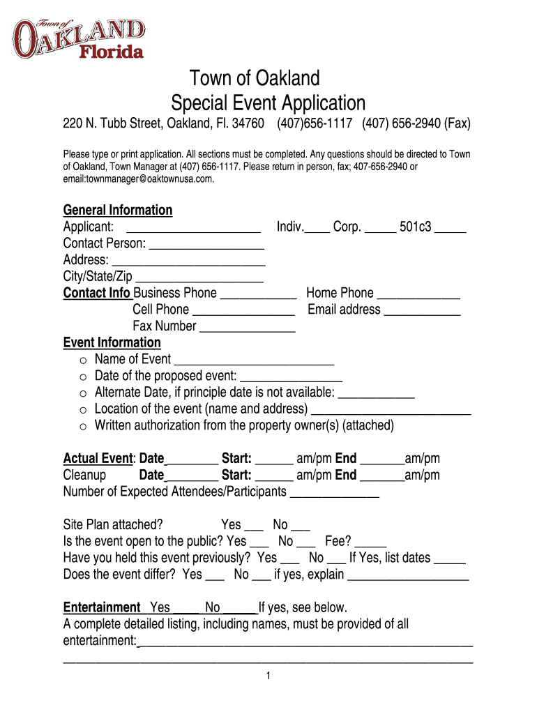 Fillable Online Town of Oakland Event Application - the Town of Oakland ...