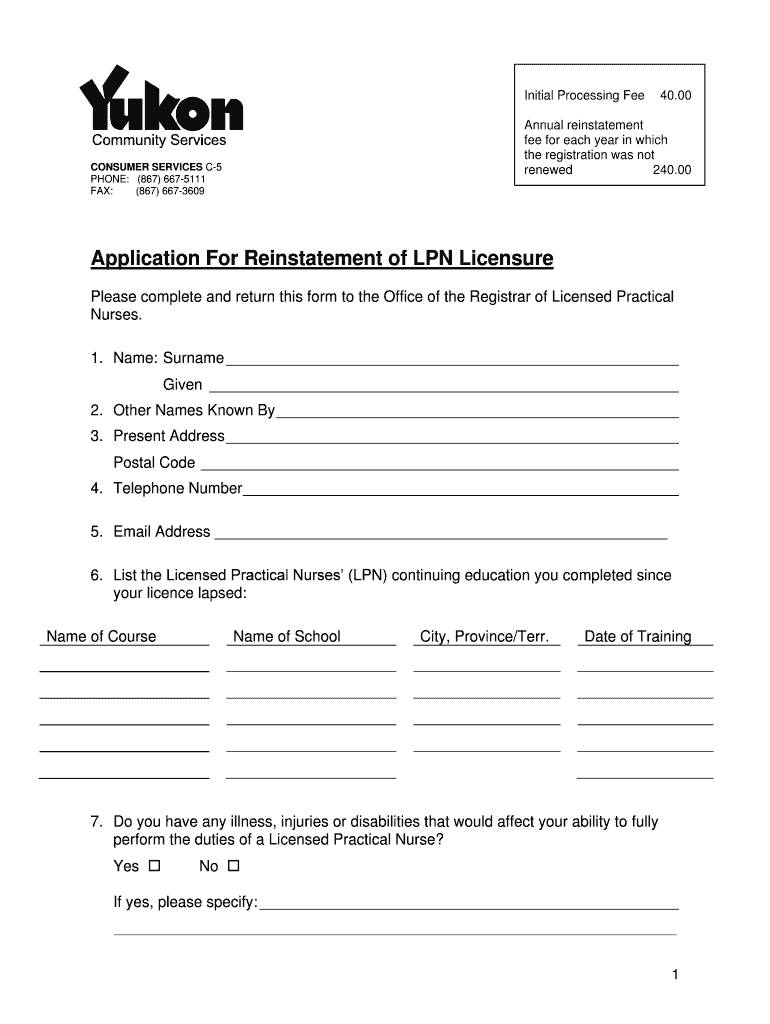 Fillable Online Application For Reinstatement of LPN Licensure ...