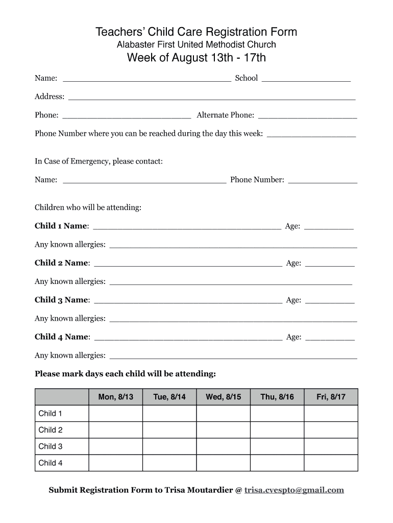 Fillable Online cvespto Child Care Registration Form Week of August ...