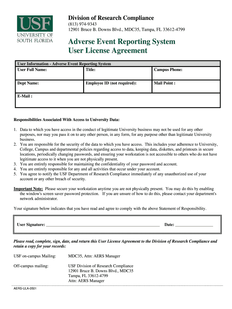 Fillable Online research usf Adverse Event Reporting System User ...