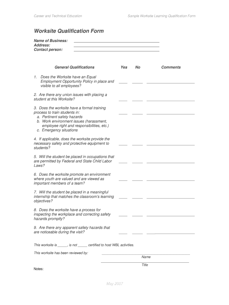 Fillable Online WSL Worksite Qualification Form - Spokane Public ...