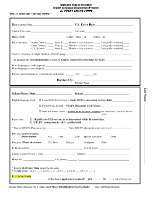 Fillable Online spokaneschools Student Entry Form - Spokane Public Schools - spokaneschools Fax ...