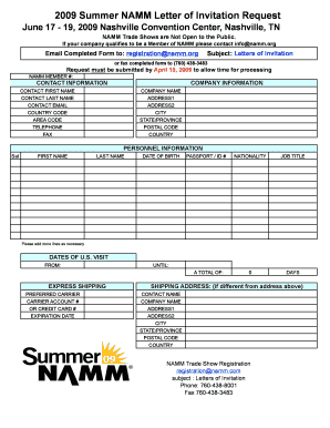Fillable Online namm 2009 Summer NAMM Letter of Invitation Request June ...