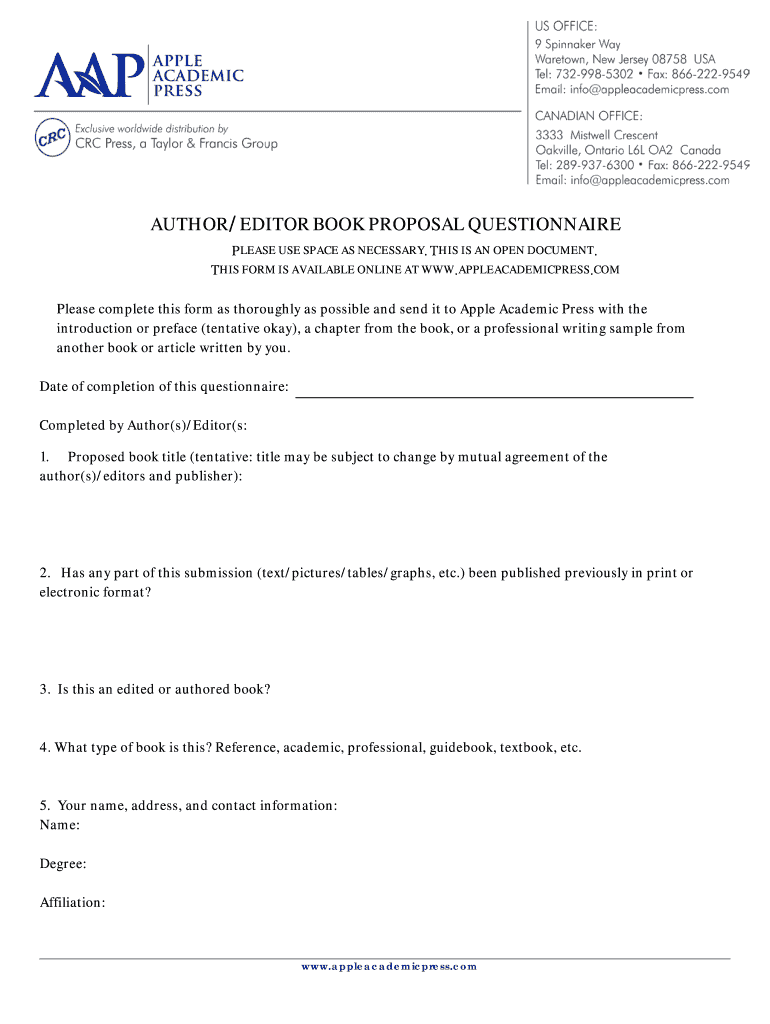 Fillable Online Authoreditor book proposal questionnaire - Apple ...