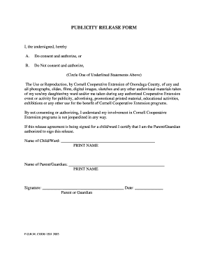 Fillable Online extendonondaga Publicity release form - Cornell ...