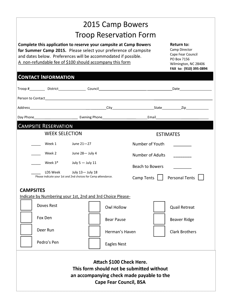 Fillable Online capefearcouncilbsa 2015 Camp Bowers Troop Reservation Form - Cape Fear Council ...