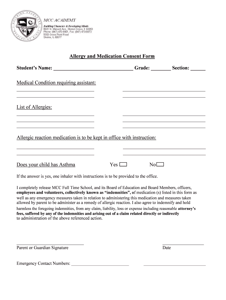 Fillable Online mccfts Allergy and Medication Consent Form Medical ...
