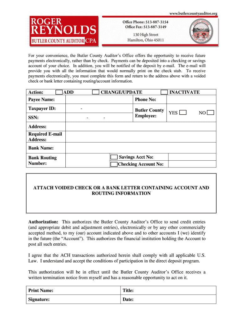 Fillable Online butlercountyauditor Electronic Fund Transfer Signup Form - Butler County Auditor ...