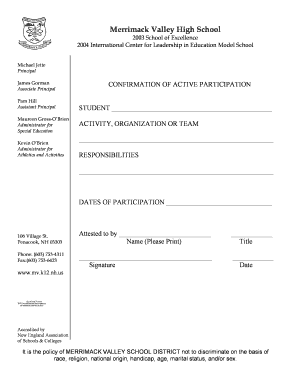 Fillable Online Activity Participation Form - Merrimack Valley School ...