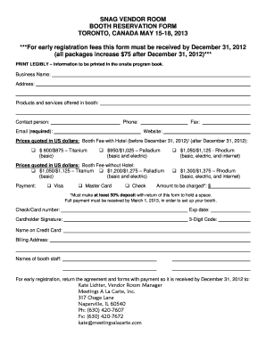 Fillable Online snagmetalsmith SNAG VENDOR ROOM BOOTH RESERVATION FORM ...