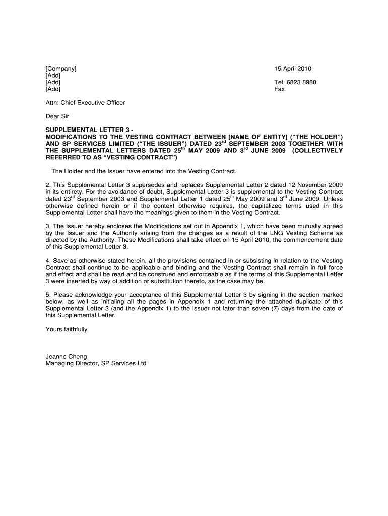Fillable Online 15 Apr 10 Vesting Contract-Supplemental Letter 3 FINAL ...
