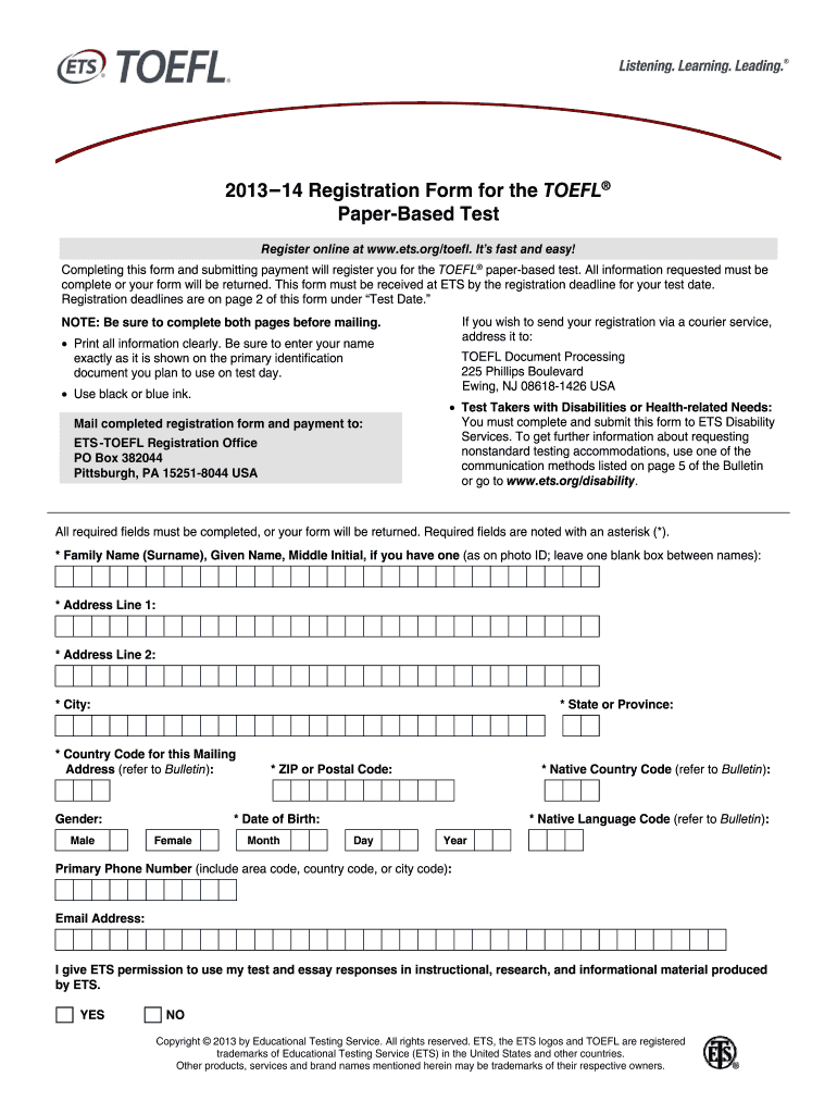 Fillable Online krtams 2013-14 TOEFL PBT Test Registration Form ...