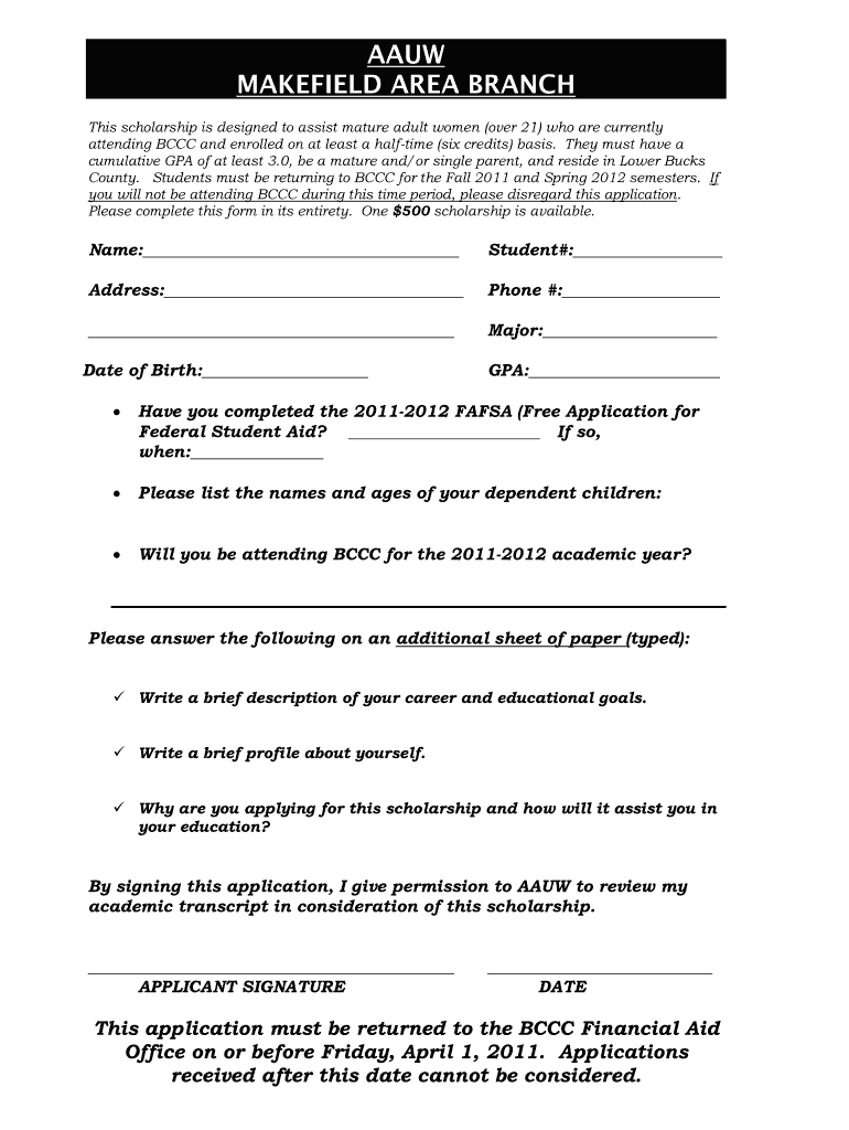 Fillable Online bucks This bapplicationb must be returned to the BCCC Financial Aid Office bb ...