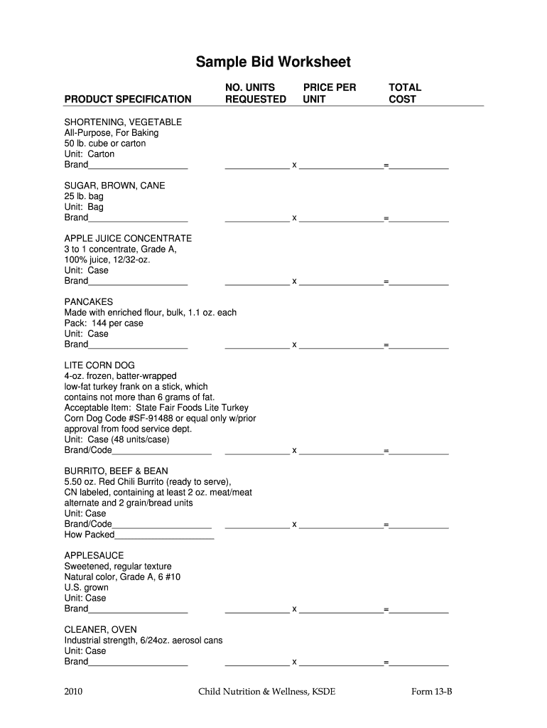 Fillable Online kn-eat Sample Bid Worksheet PRODUCT SPECIFICATION NO ...