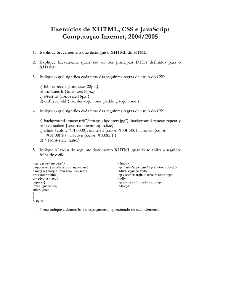 Fillable Online Exerccios de XHTML, CSS e JavaScript Fax Email Print ...