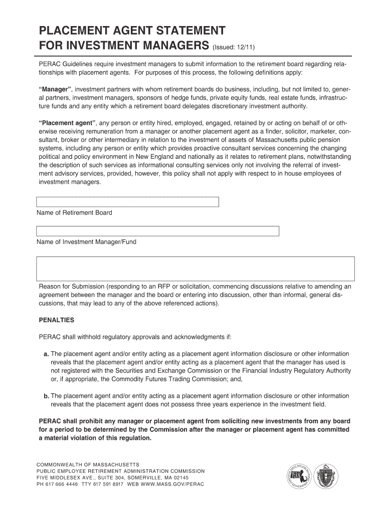 Fillable Online PLACEMENT AGENT STATEMENT FOR INVESTMENT bb - MassGov ...