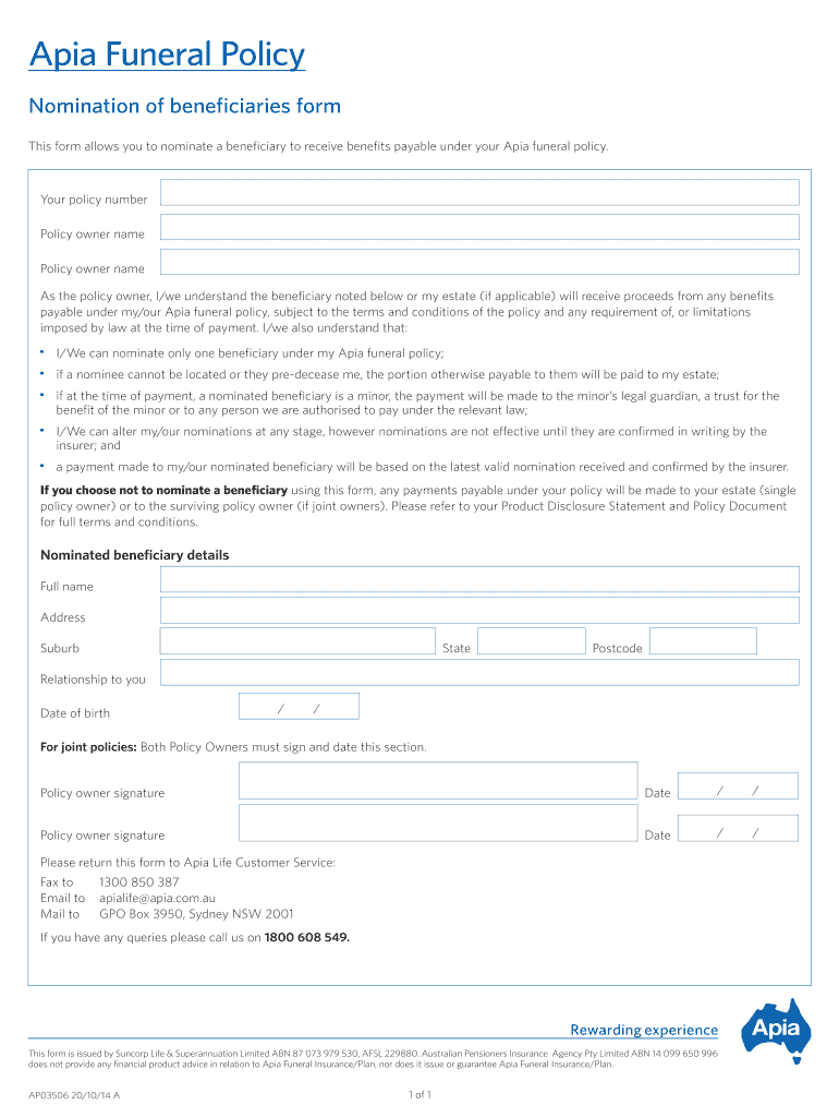 Fillable Online Nominated Beneficiary Form - Apia Fax Email Print ...