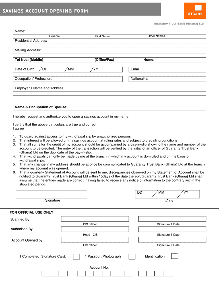 Gtbank Savings Account Opening Form Fill Online Printable Fillable