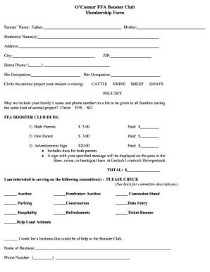 Fillable Online nisd O'Connor FFA Booster Club Membership Form - nisd ...