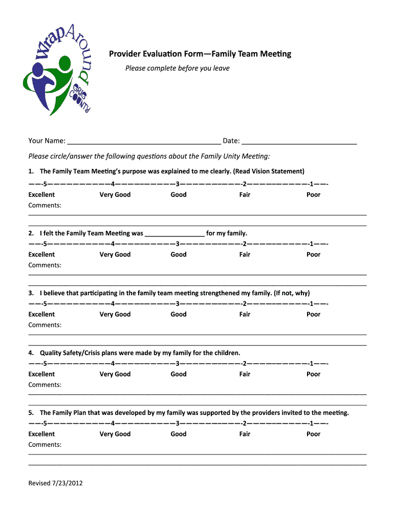 Fillable Online Provider Evaluation Form - Family Team Meeting ...