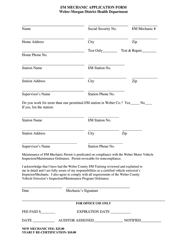 Fillable Online I/M MECHANIC APPLICATION FORM Weber-Morgan District ...