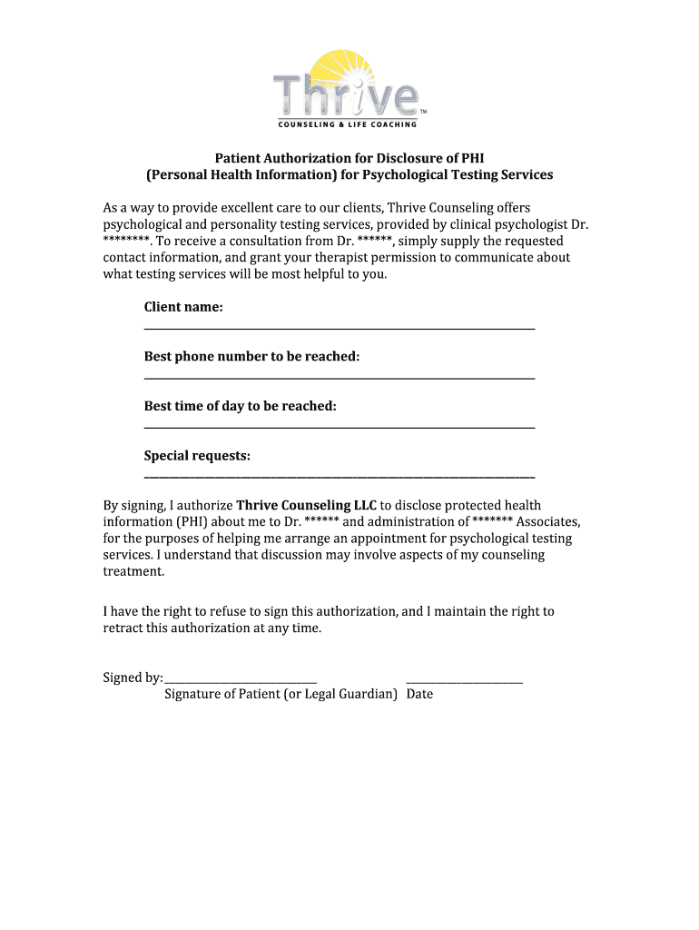 Fillable Online PHI Release form for Psychological Testing Fax Email ...