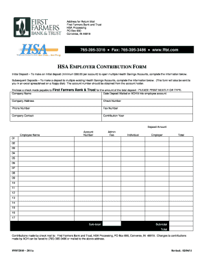 Fillable Online HSA EMPLOYER CONTRIBUTION FORM - First Farmers Bank ...