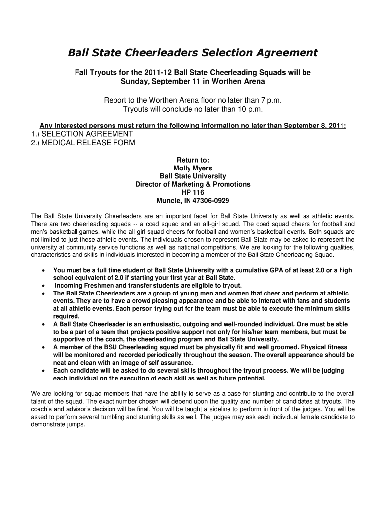 Fillable Online Ball State Cheerleaders Selection Agreement Fall ...