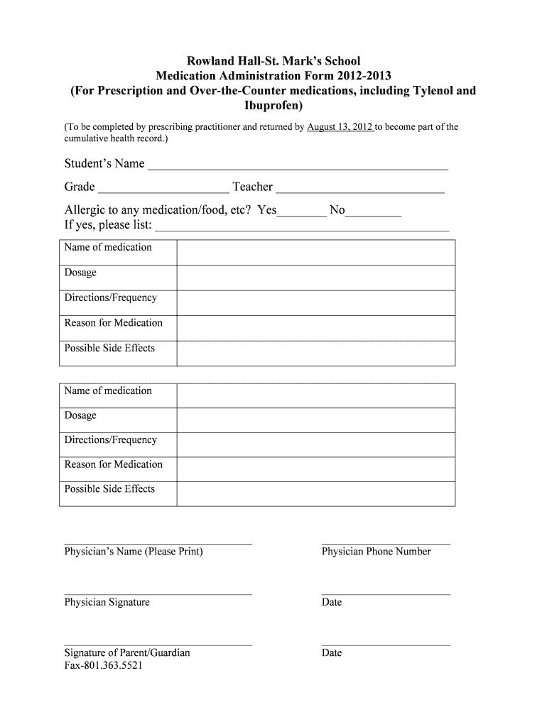 Fillable Online rowlandhall Rowland Hall-St. Mark's School Medication ...