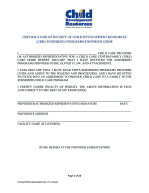 Fillable Online childdevelopmentresources CERTIFICATION OF RECEIPT OF ...