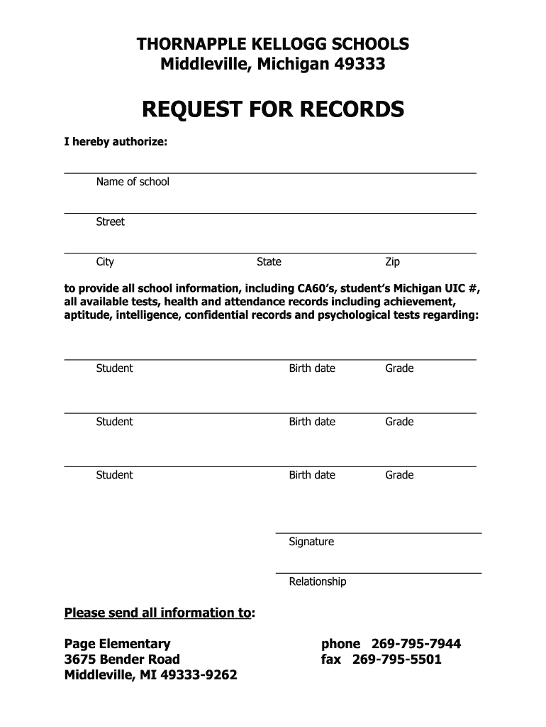 Fillable Online Tkschools Re For Records Form pdf Thornapple Kellogg Schools Tkschools 