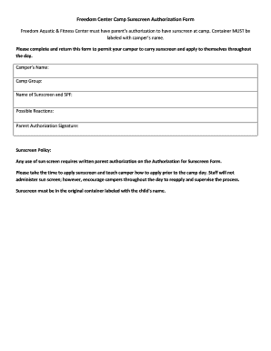 Fillable Online Freedom Center Camp Sunscreen Authorization Form Fax ...