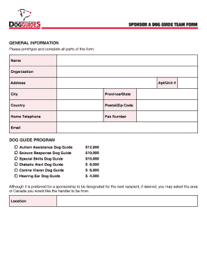 Fillable Online SPONSOR A DOG GUIDE TEAM FORM - Lions Foundation of ...