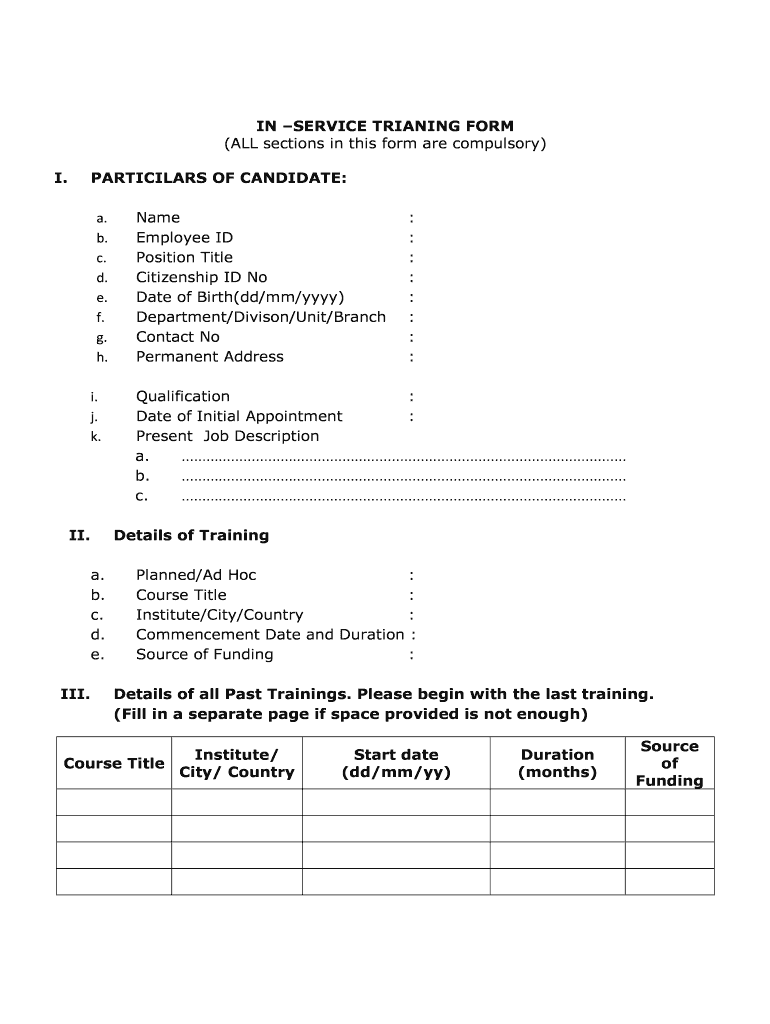 Fillable Online IN SERVICE TRIANING FORM (ALL sections in this form are ...