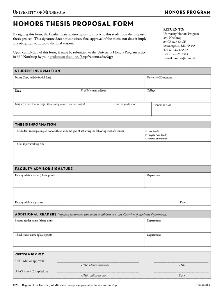 Fillable Online honors umn HONORS THESIS PROPOSAL FORM - University Honors Program Fax Email ...