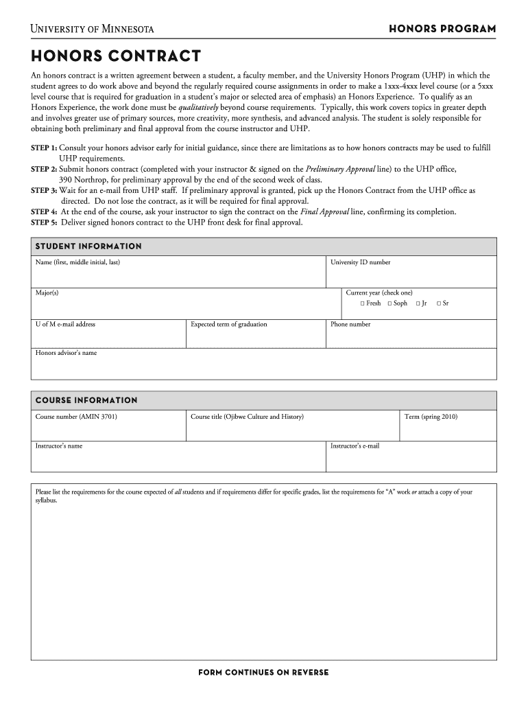 Fillable Online honors umn Honors Course Contract Form.doc Fax Email Print - pdfFiller