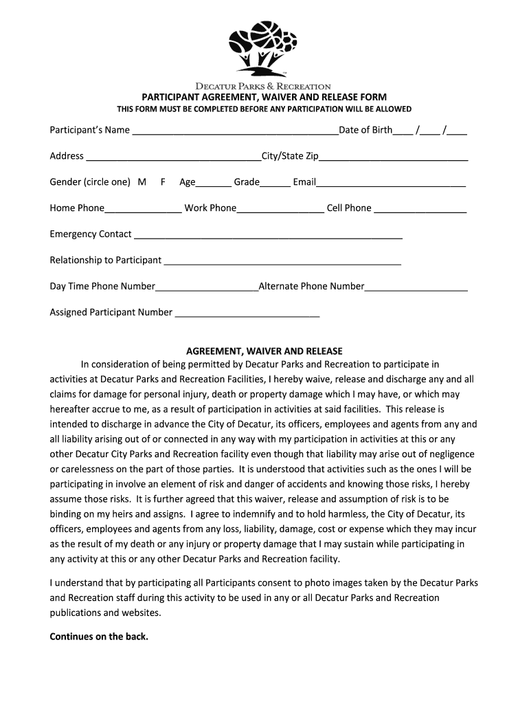 Fillable Online Participant Waiver & Release Form - Decatur Parks ...