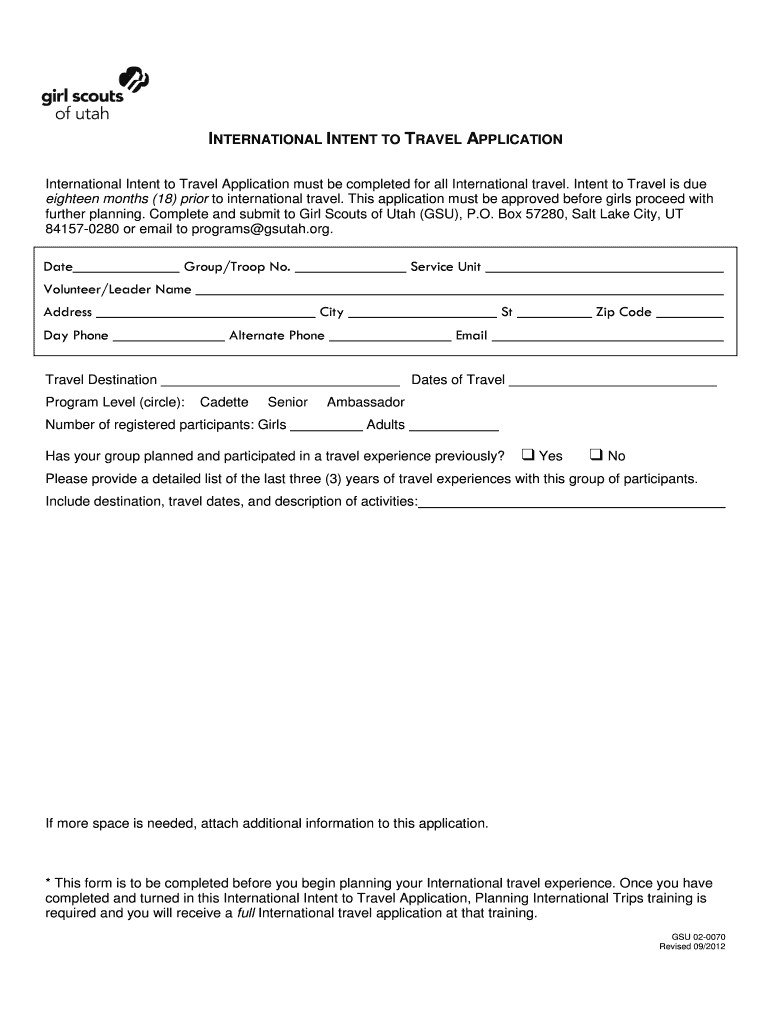 Fillable Online gsutah International Intent to Travel Application ...