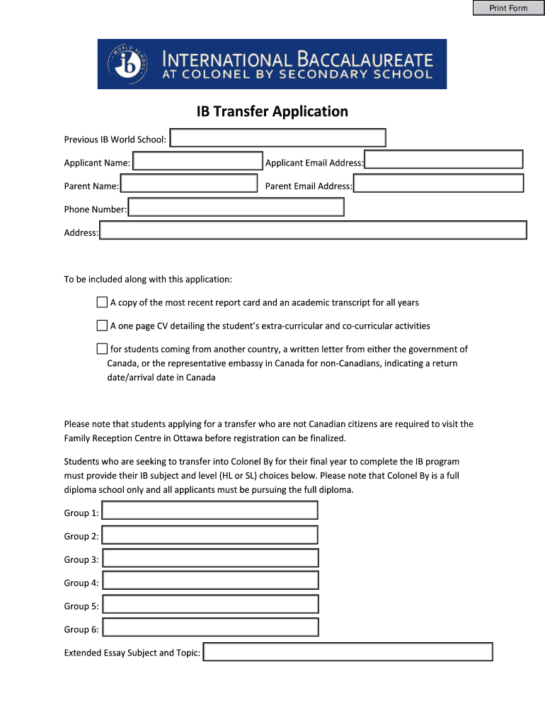 Fillable Online IB Transfer bApplicationb - The IB Diploma Program at ...