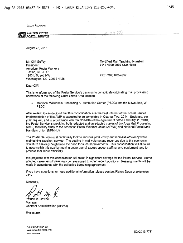 Fillable Online apwu Notice of USPS decision to consolidate originating ...