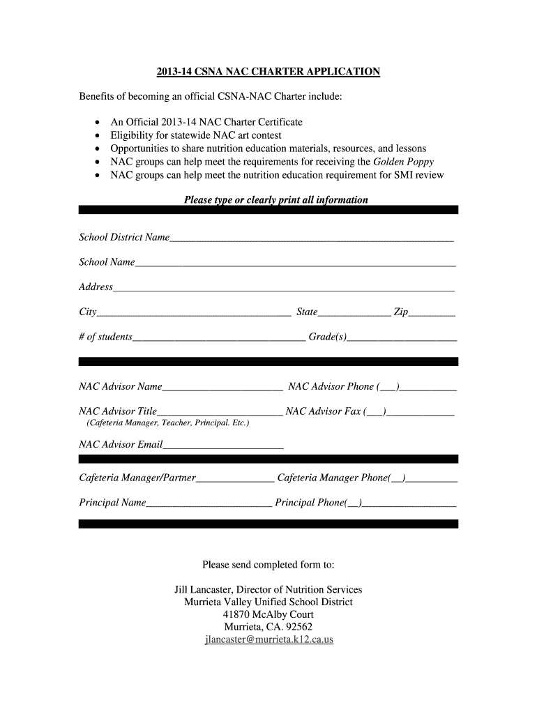 Fillable Online calsna 201314 CSNA NAC CHARTER APPLICATION Benefits of ...