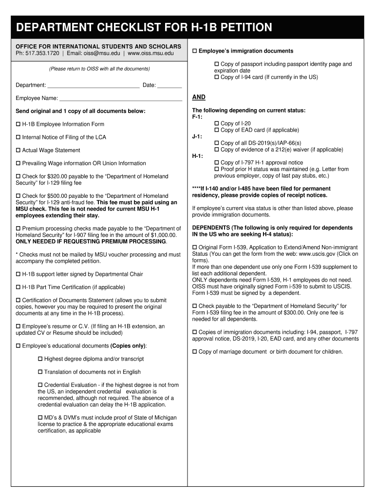 Fillable Online oiss isp msu Department checklist for h-1b petition ...