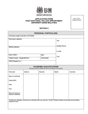 Fillable Online APPLICATION FORM POST DOCTORAL FELLOW APPOINTMENT ...