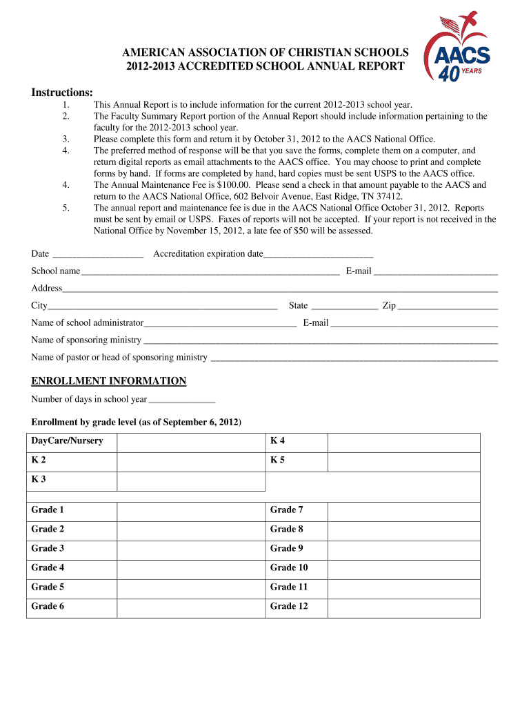 Fillable Online aacs AMERICAN ASSOCIATION OF CHRISTIAN SCHOOLS 2012 ...