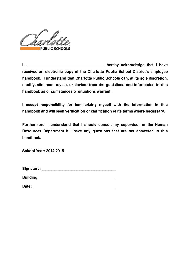 Fillable Online charlottenet Acknowledgement Form for Employee Handbook ...