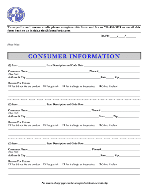 Fillable Online Consumer Return Form - Fauna Foods Fax Email Print ...
