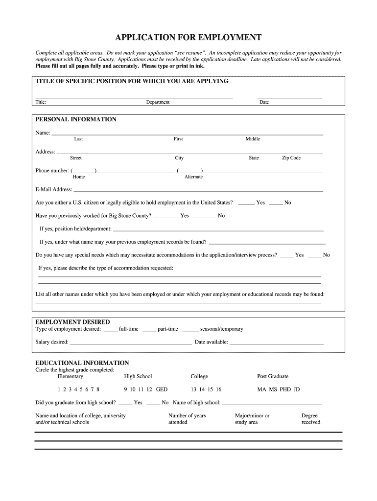 Fillable Online bigstonecounty Big Stone County Employment Application ...