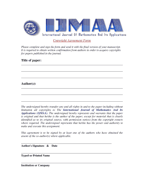 Fillable Online Copyright Agreement Form Title of paper: Author(s): Fax ...