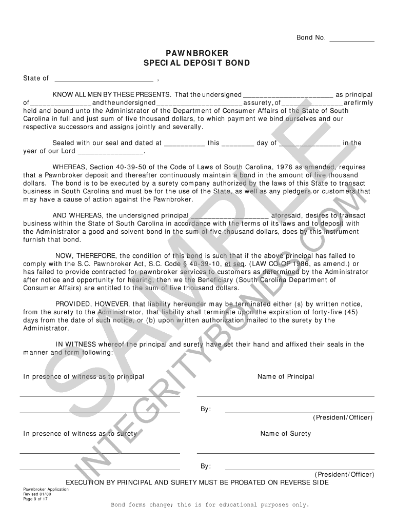 Fillable Online South Carolina Pawn Broker Bond Form - Integrity Surety Bonds Fax Email Print ...