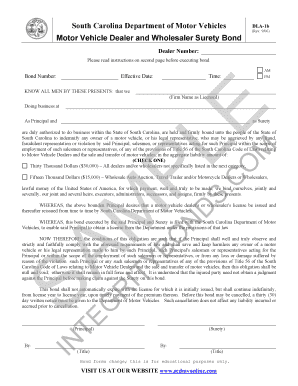 Fillable Online South Carolina MVD Bond Form - Surety Bond Fax Email ...